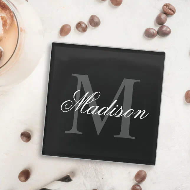 Create Your Custom Name Monogram Calligraphy Black Glass Coaster | Zazzle