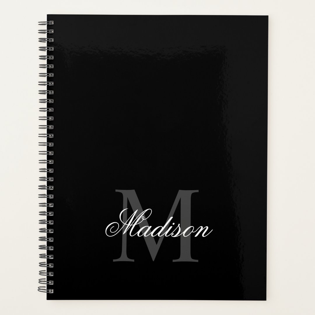 Create Your Custom Name Monogram Calligraphy Black Planner | Zazzle