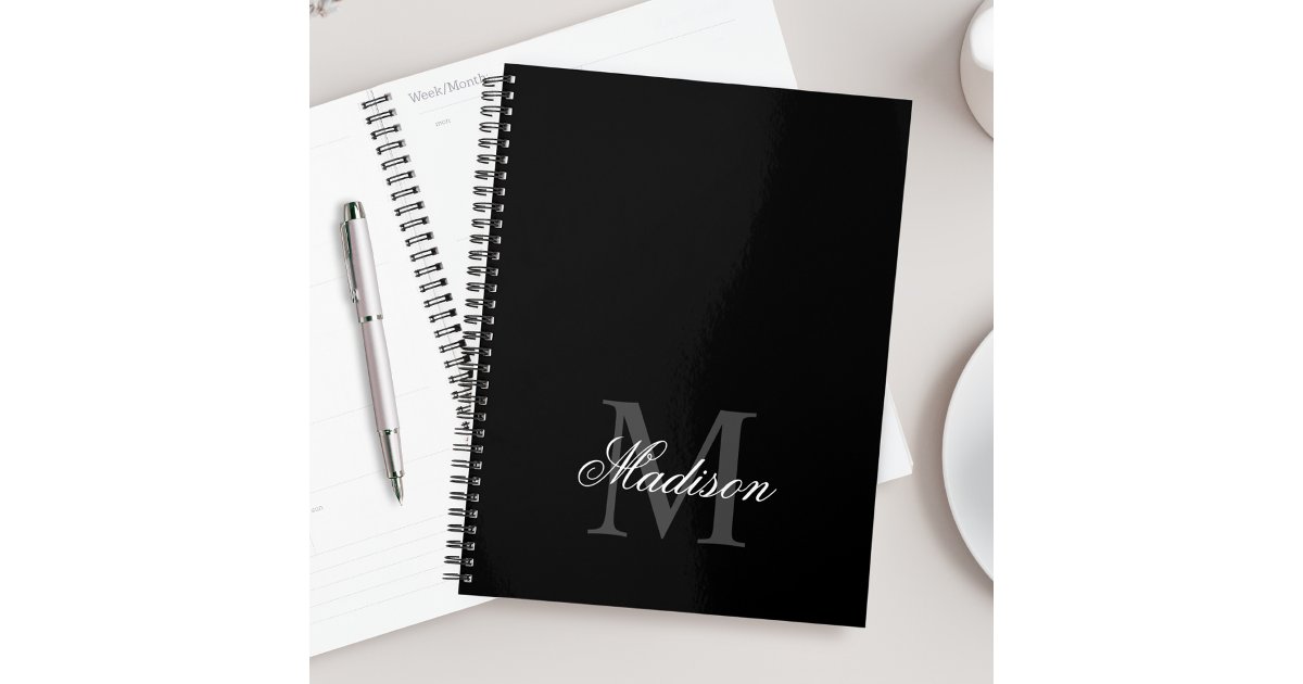 Create Your Custom Name Monogram Calligraphy Black Planner | Zazzle