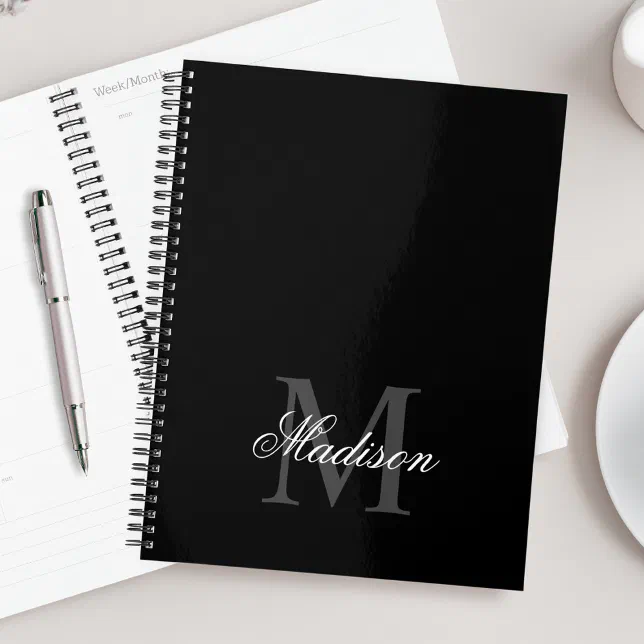 Create Your Custom Name Monogram Calligraphy Black Planner | Zazzle