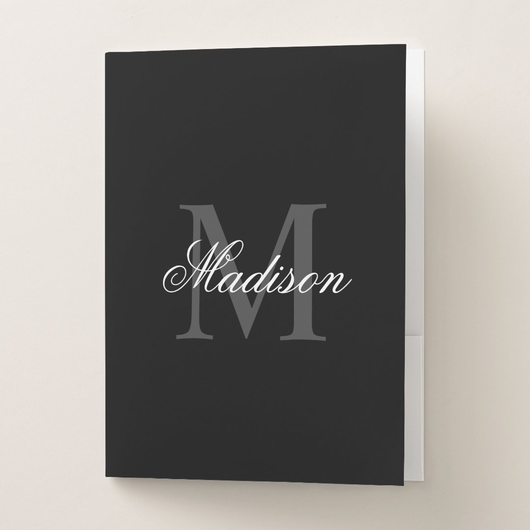 Create Your Custom Name Monogram Calligraphy Black Pocket Folder | Zazzle