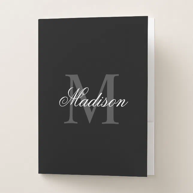 Create Your Custom Name Monogram Calligraphy Black Pocket Folder | Zazzle