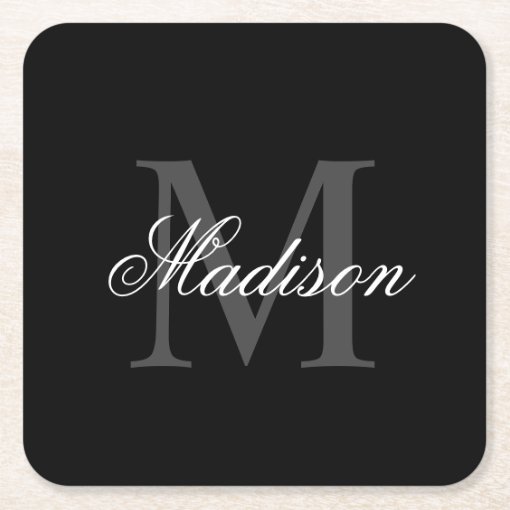 Create Your Custom Name Monogram Calligraphy Black Square Paper Coaster ...