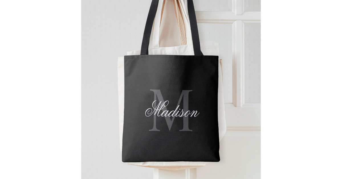 Create Your Custom Name Monogram Calligraphy Black Tote Bag | Zazzle
