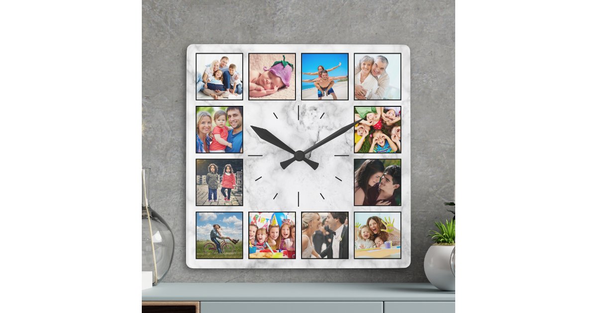 Create Your Custom Photo Collage Elegant Marble Square Wall Clock | Zazzle