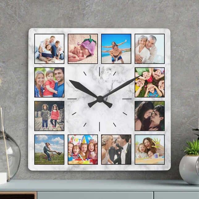 Create Your Custom Photo Collage Elegant Marble Square Wall Clock | Zazzle