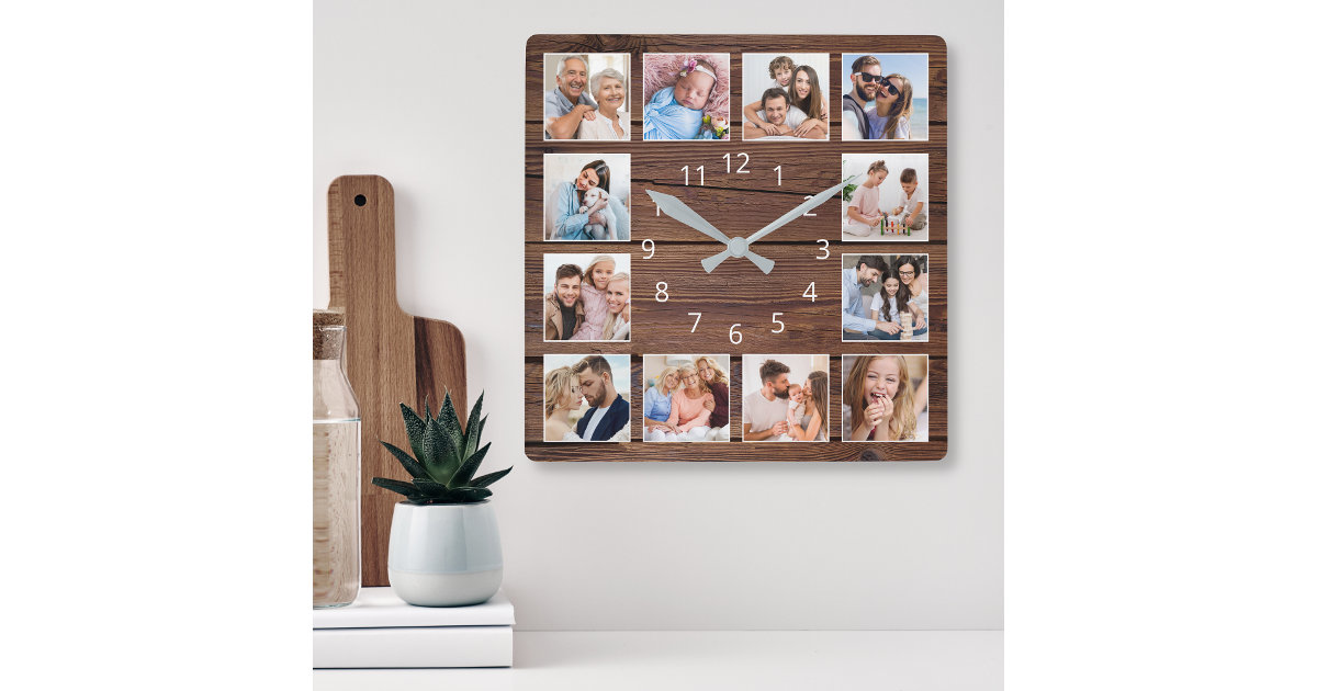 Create Your Custom Photo Collage Rustic Farmhouse Square Wall Clock ...