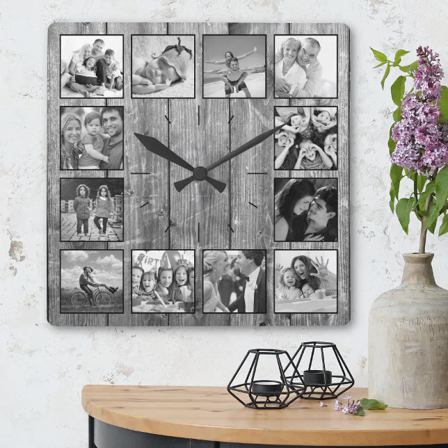 Create Your Custom Photo Collage Rustic Farmhouse Square Wall Clock ...