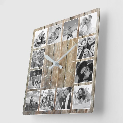Create Your Custom Photo Collage Rustic Farmhouse Square Wall Clock ...