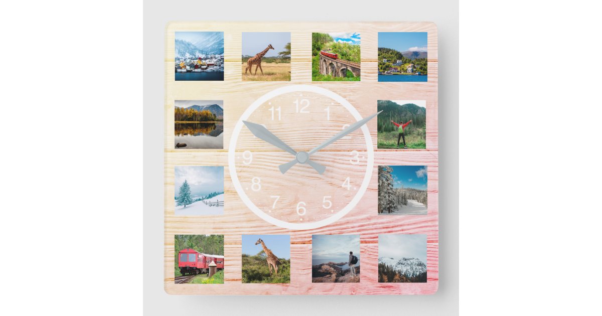 Create Your Custom Photo Collage Rustic Nature Squ Square Wall Clock ...