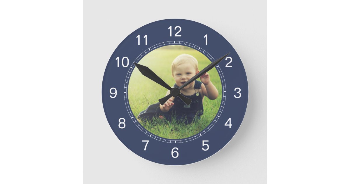 Create Your Custom Photo Modern Elegant Blue Round Clock | Zazzle