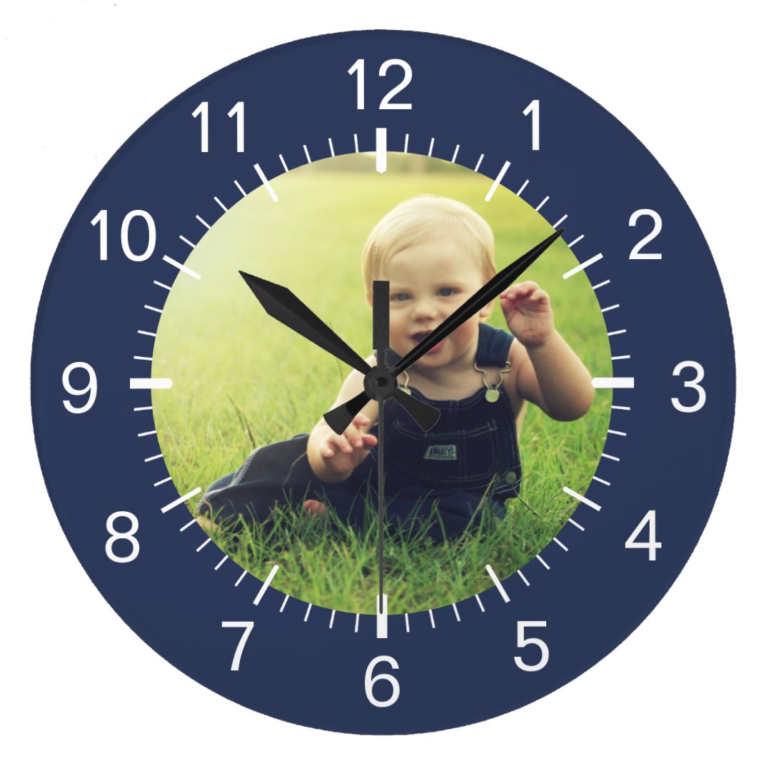 Create Your Custom Photo Modern Minimal Blue Large Clock | Zazzle