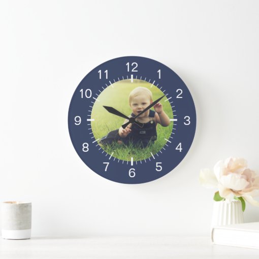 Create Your Custom Photo Modern Minimal Blue Large Clock | Zazzle