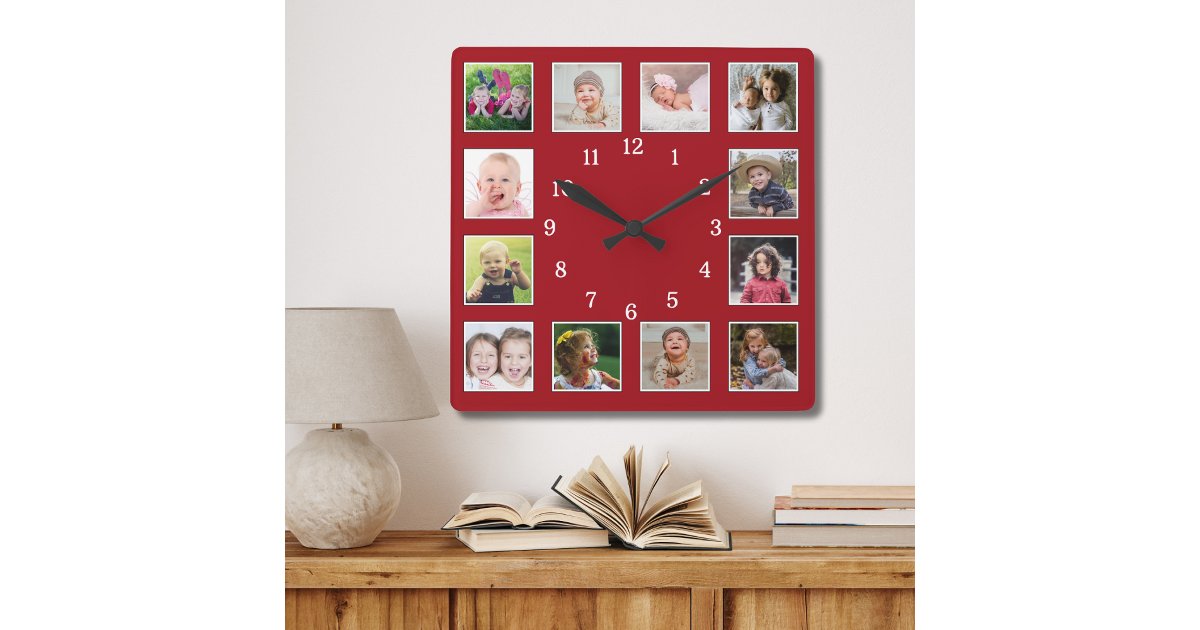 Create Your Own 12 Family Kids Photo Collage Red Square Wall Clock | Zazzle