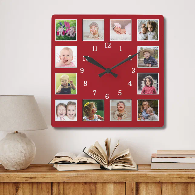 Create Your Own 12 Family Kids Photo Collage Red Square Wall Clock | Zazzle