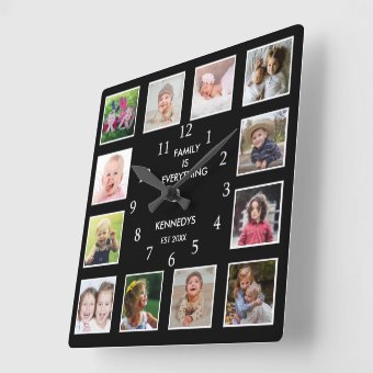 Create Your Own 12 Photo Collage Frame Black Square Wall Clock | Zazzle