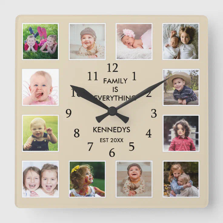 Create Your Own 12 Photo Collage Frame Family Name Square Wall Clock ...