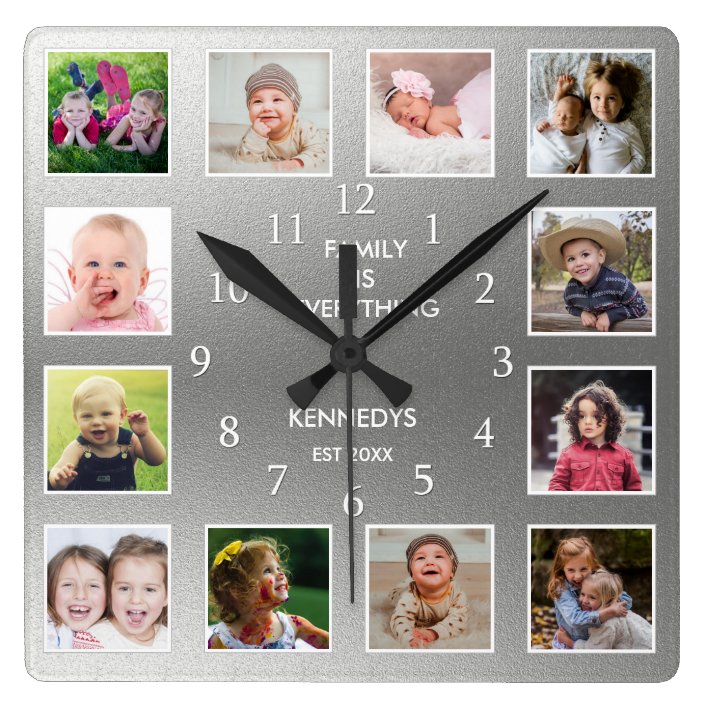 Create Your Own 12 Photo Collage Frame Silver Square Wall Clock ...