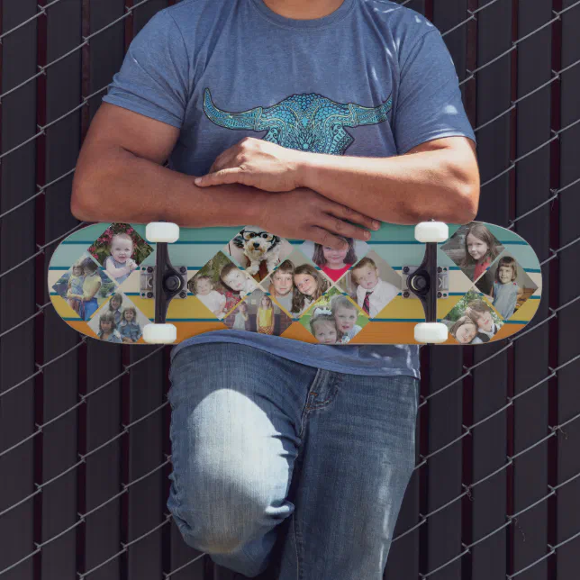 Create Your Own 12 Photo Collage - retro stripes Skateboard | Zazzle