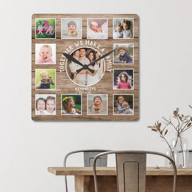 Create Your Own 13 Photo Collage Rustic Barn Wood Square Wall Clock ...