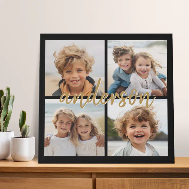Create Your Own 4 Photo Collage - Script Name Faux Canvas Print | Zazzle
