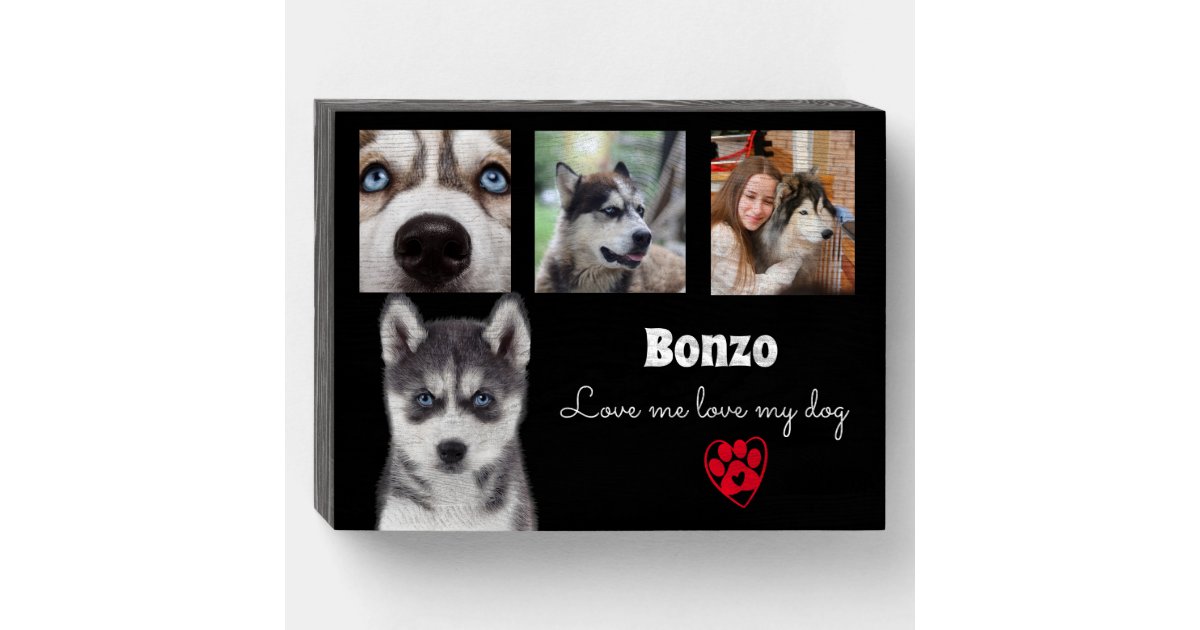 Create your own 4 photo personalized dog collage w wooden box sign | Zazzle
