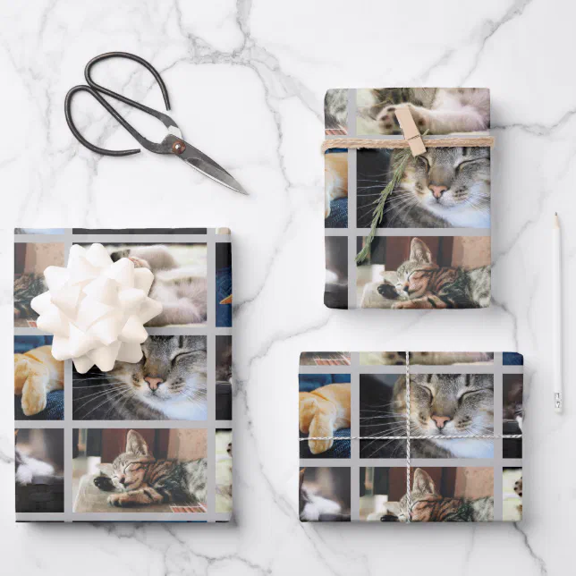 Create Your Own 5 Photo Collage Gray Border Wrapping Paper Sheets | Zazzle
