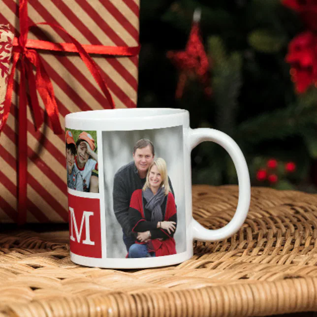 Create Your Own 5 Photo Collage Red Monogrammed Coffee Mug | Zazzle
