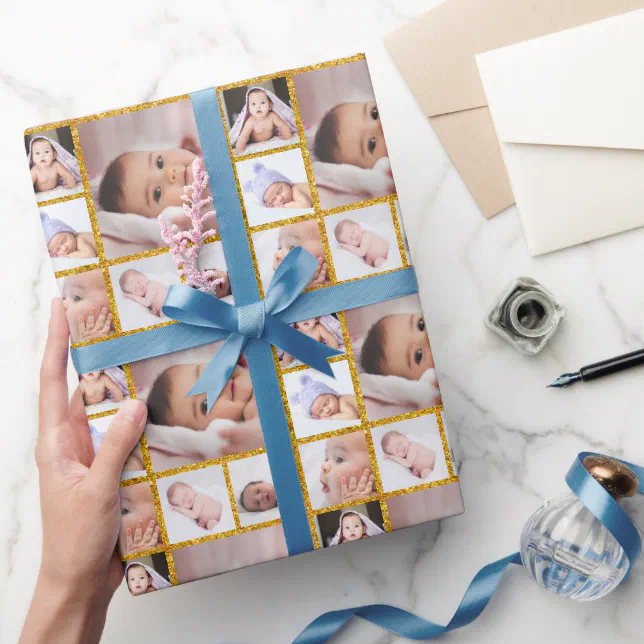 Create Your Own 6 Photo Collage Gold Glitter Wrapping Paper | Zazzle
