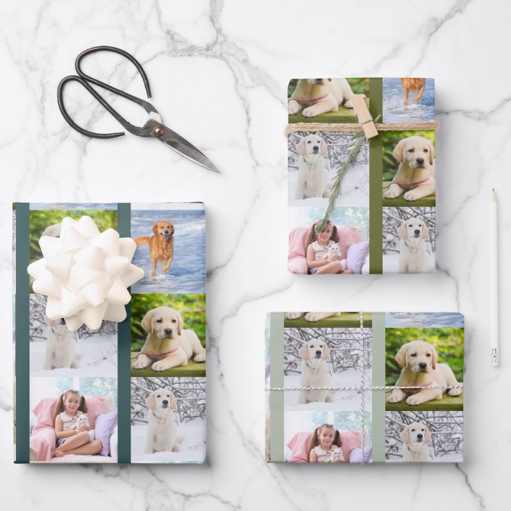 Create your Own 6 Photo Collage Green Set of 3 Wrapping Paper Sheets ...
