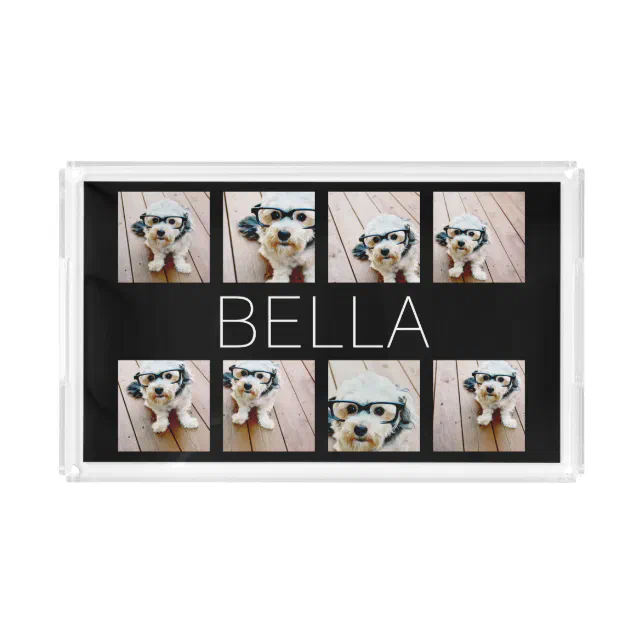 Create Your Own 8 Photo Collage & Name Black Acrylic Tray | Zazzle