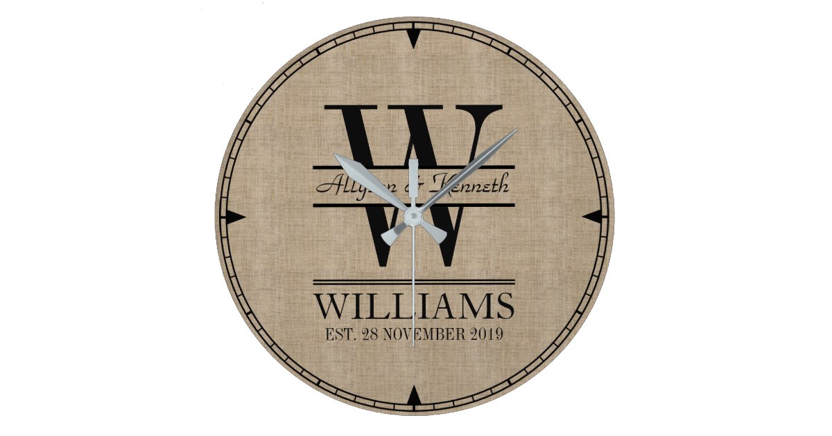 Create Your Own Burlap Logo Anniversary Monogram Large Clock | Zazzle.com
