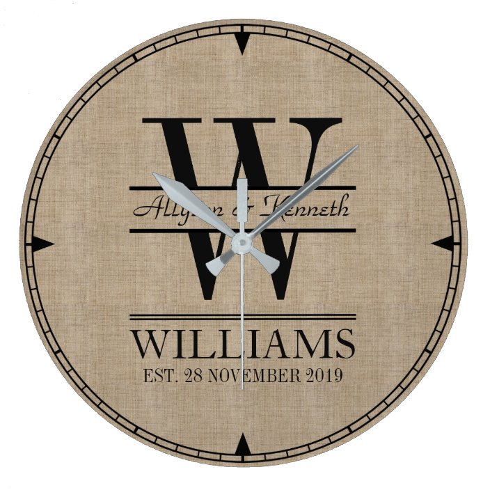 Create Your Own Burlap Logo Anniversary Monogram Large Clock | Zazzle