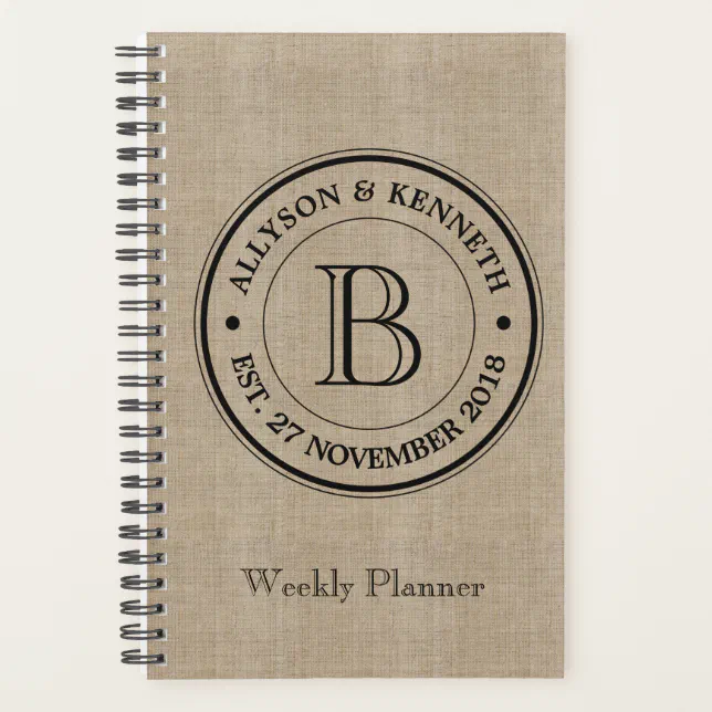 Create Your Own Burlap Logo Anniversary Monogram Planner | Zazzle