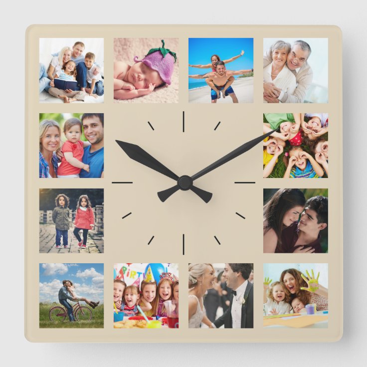 Create Your Own Custom 12 Photo Collage Keepsake Square Wall Clock | Zazzle