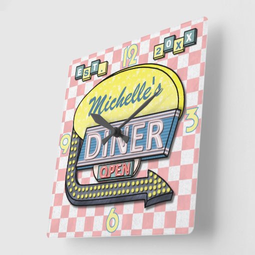 Create Your Own Custom Retro 50's Diner Sign 3 Square Wall Clock | Zazzle