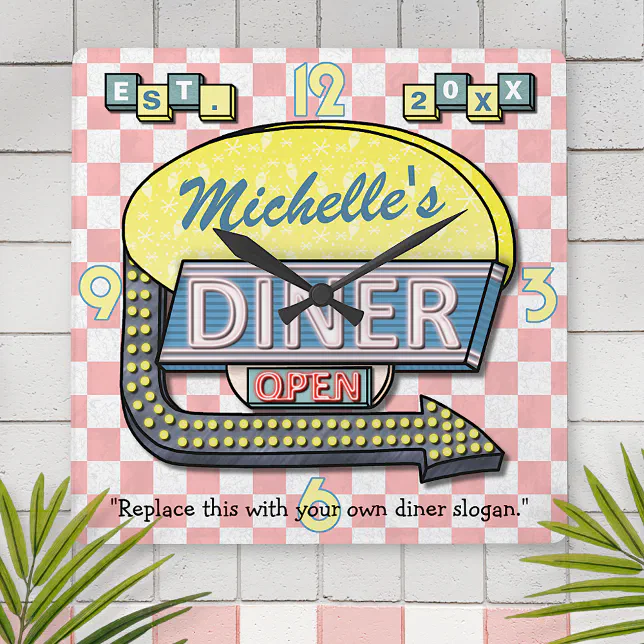 Create Your Own Custom Retro 50's Diner Sign Square Wall Clock | Zazzle