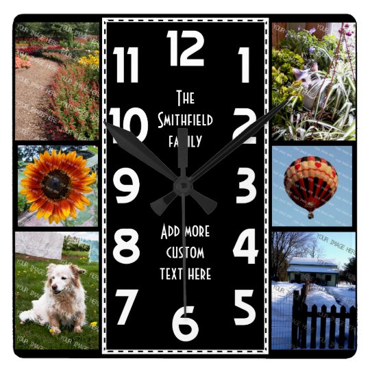 Create Your Own Deco 6 Photo Collage Black-White Square Wall Clock ...