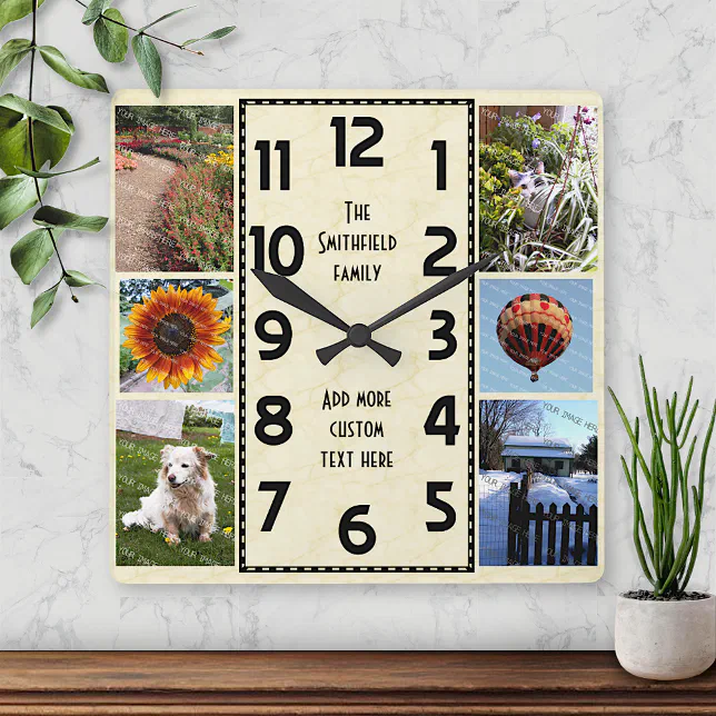 Create Your Own Deco 6 Photo Collage Marbled Square Wall Clock | Zazzle
