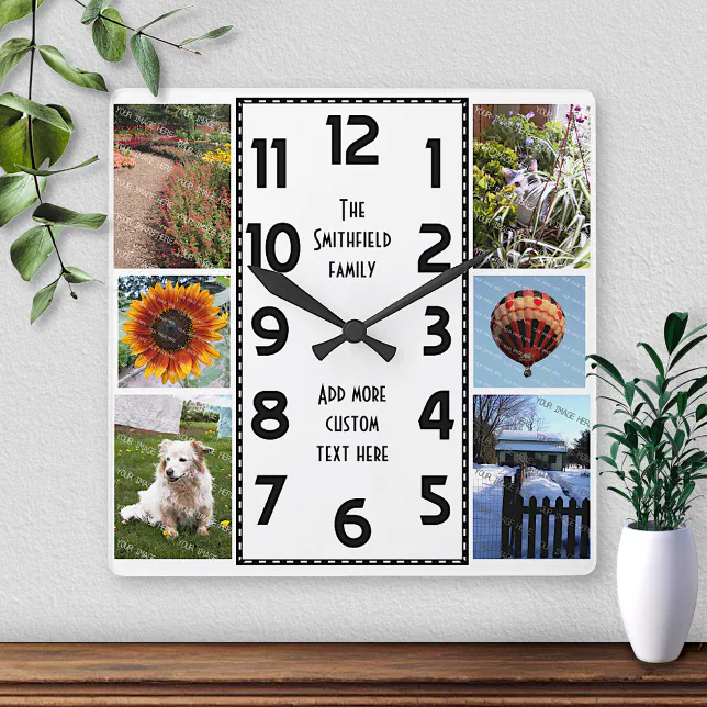 Create Your Own Deco 6 Photo Collage Square Wall Clock | Zazzle