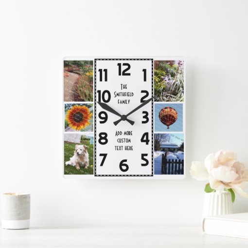 Create Your Own Deco 6 Photo Collage Square Wall Clock | Zazzle