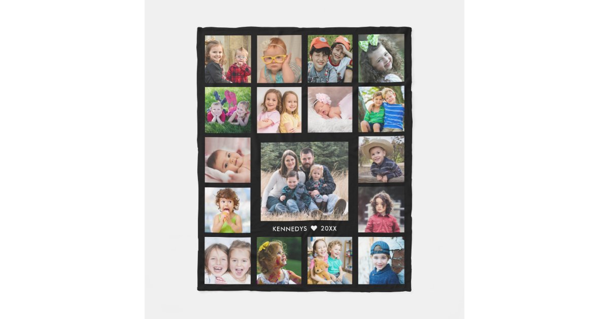 Create Your Own Family Name 17 Photo Collage Black Fleece Blanket | Zazzle