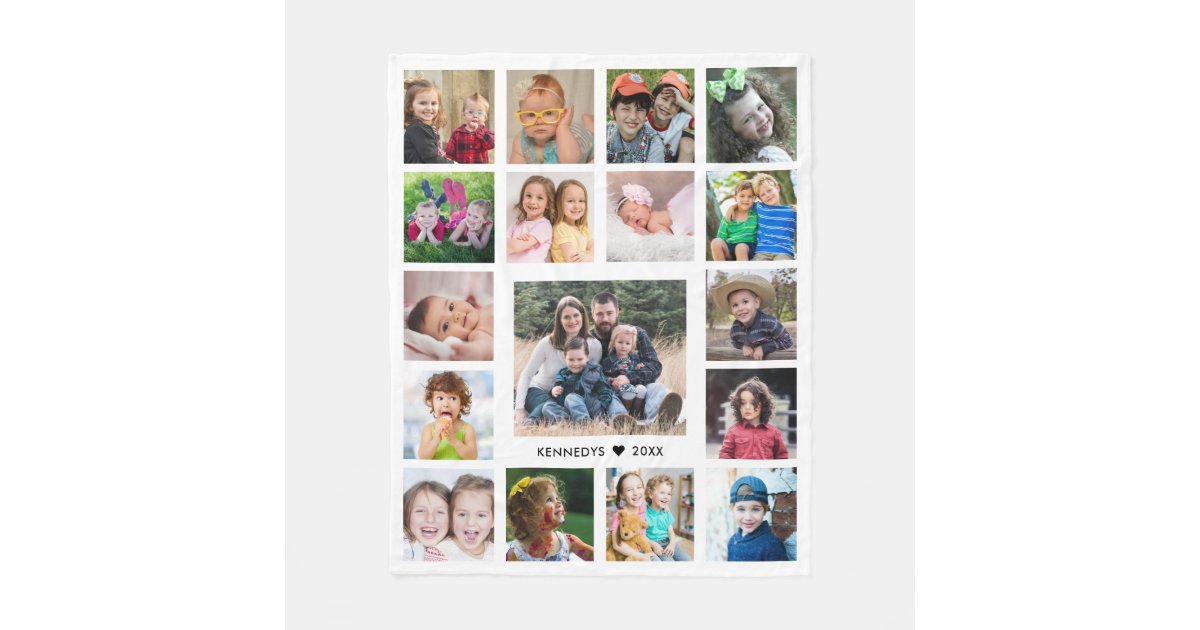 Create Your Own Family Name 17 Photo Collage White Fleece Blanket | Zazzle