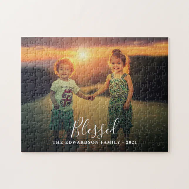 Create your own family photo Blessed script Jigsaw Puzzle | Zazzle