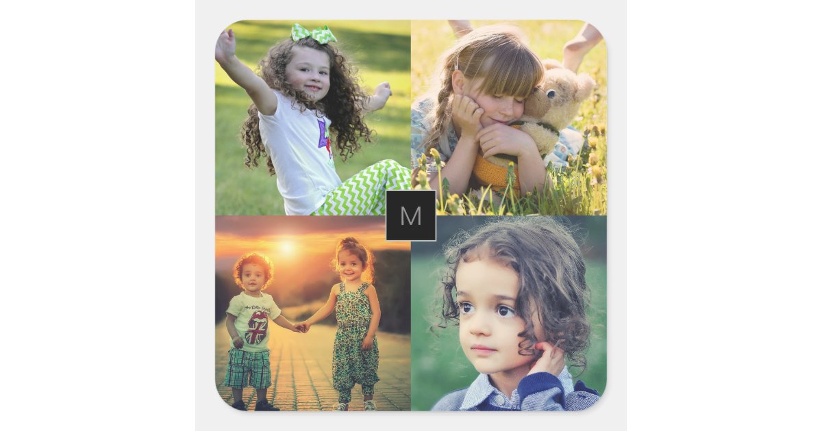 Create your own family photo collage monogrammed square sticker | Zazzle