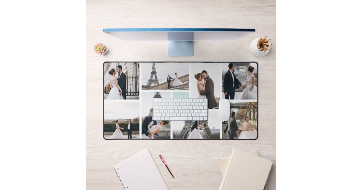 Create Your Own Monogrammed 8-Photo Mint Collage Desk Mat | Zazzle
