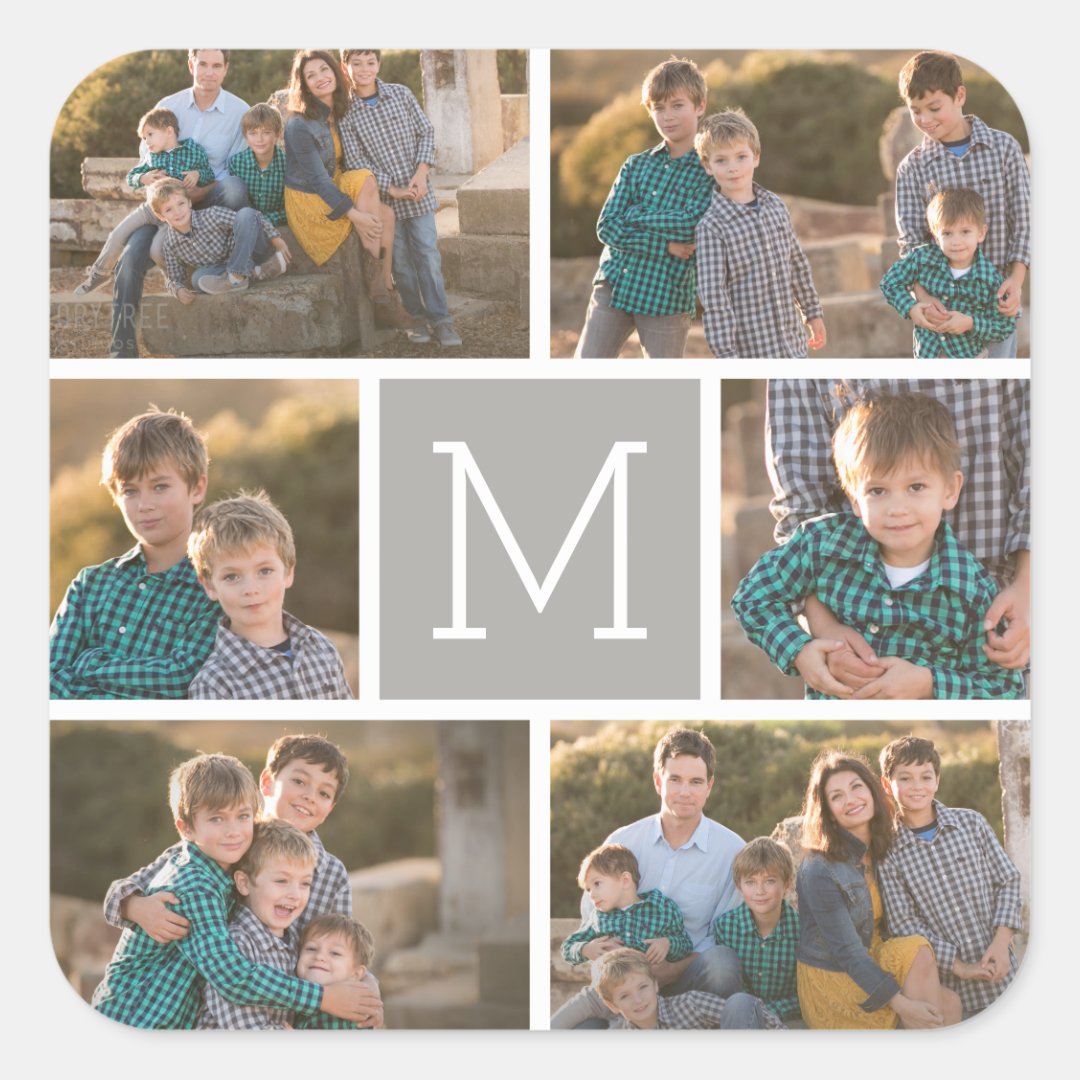 Create Your Own Photo Collage - 6 photos Monogram Square Sticker | Zazzle