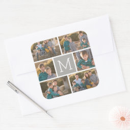 Create Your Own Photo Collage - 6 photos Monogram Square Sticker | Zazzle