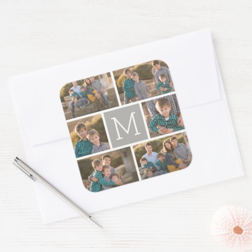 Create Your Own Photo Collage - 6 photos Monogram Square Sticker | Zazzle