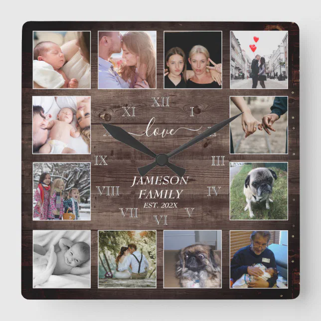 Create Your Own Photo Collage Wood Roman Number Square Wall Clock | Zazzle
